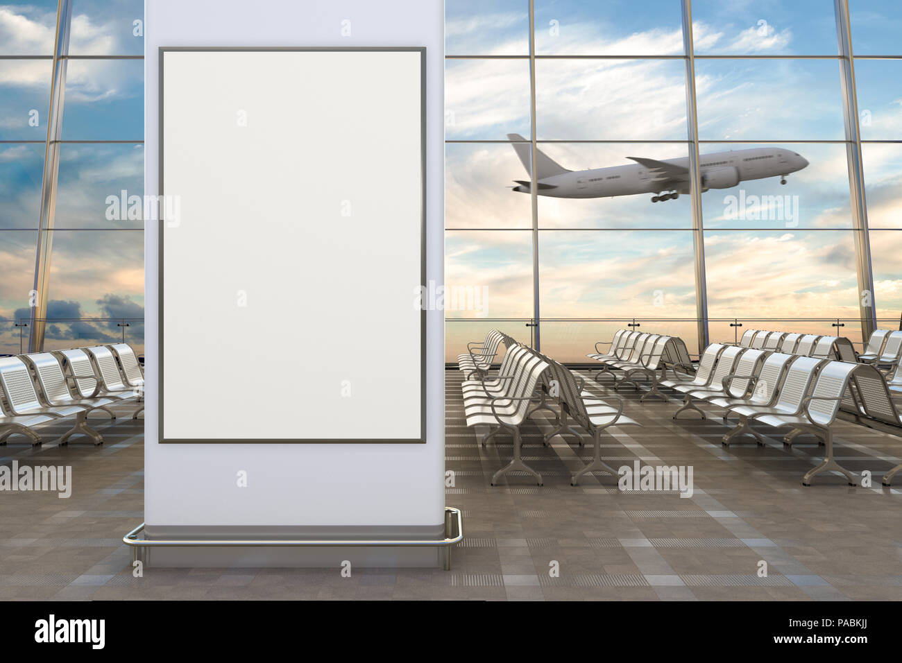 Airport terminal lounge. Blank vertical poster and airplane on ...