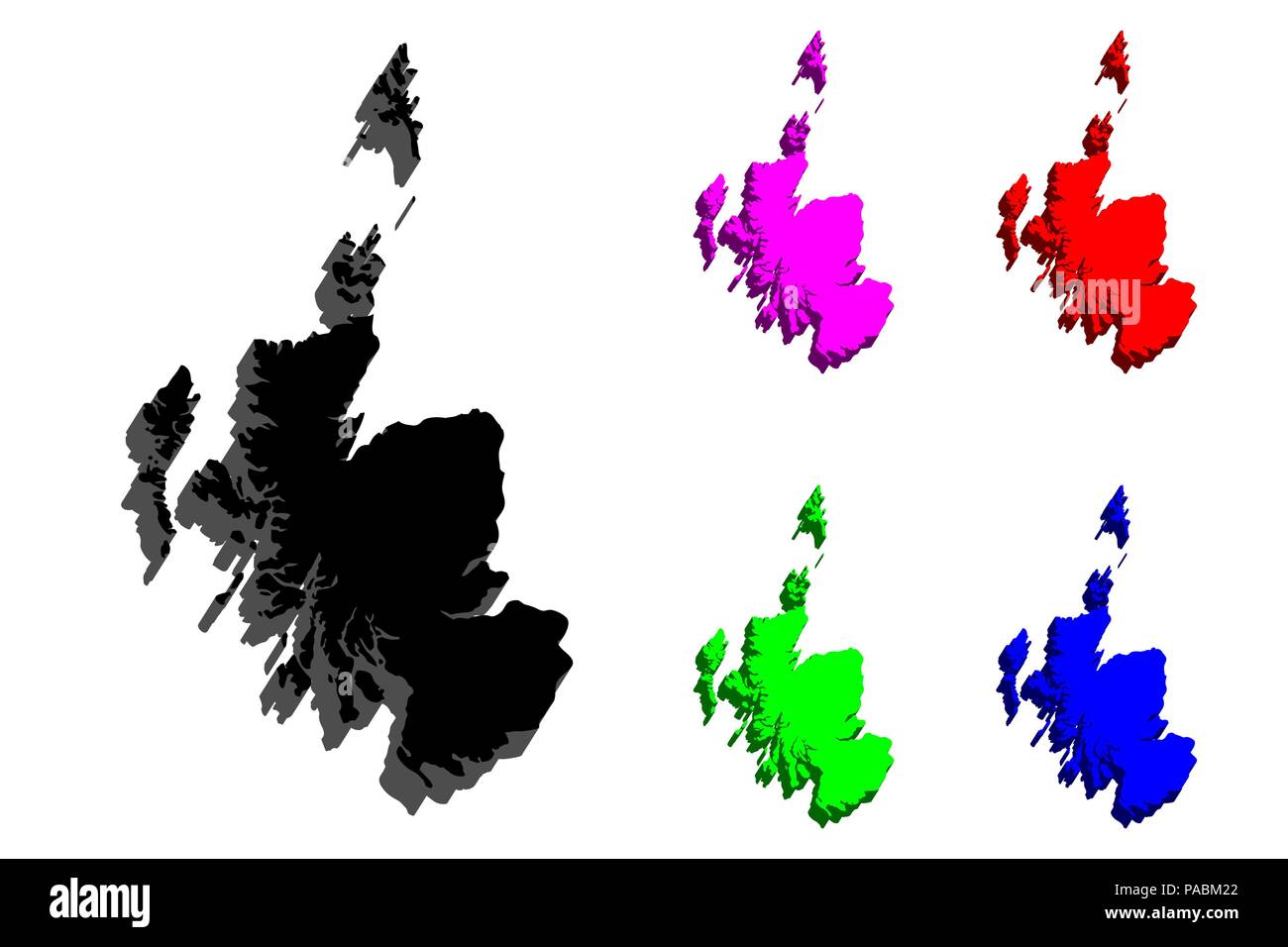 3D map of Scotland (Alba) - black, red, purple, blue and green - vector ...