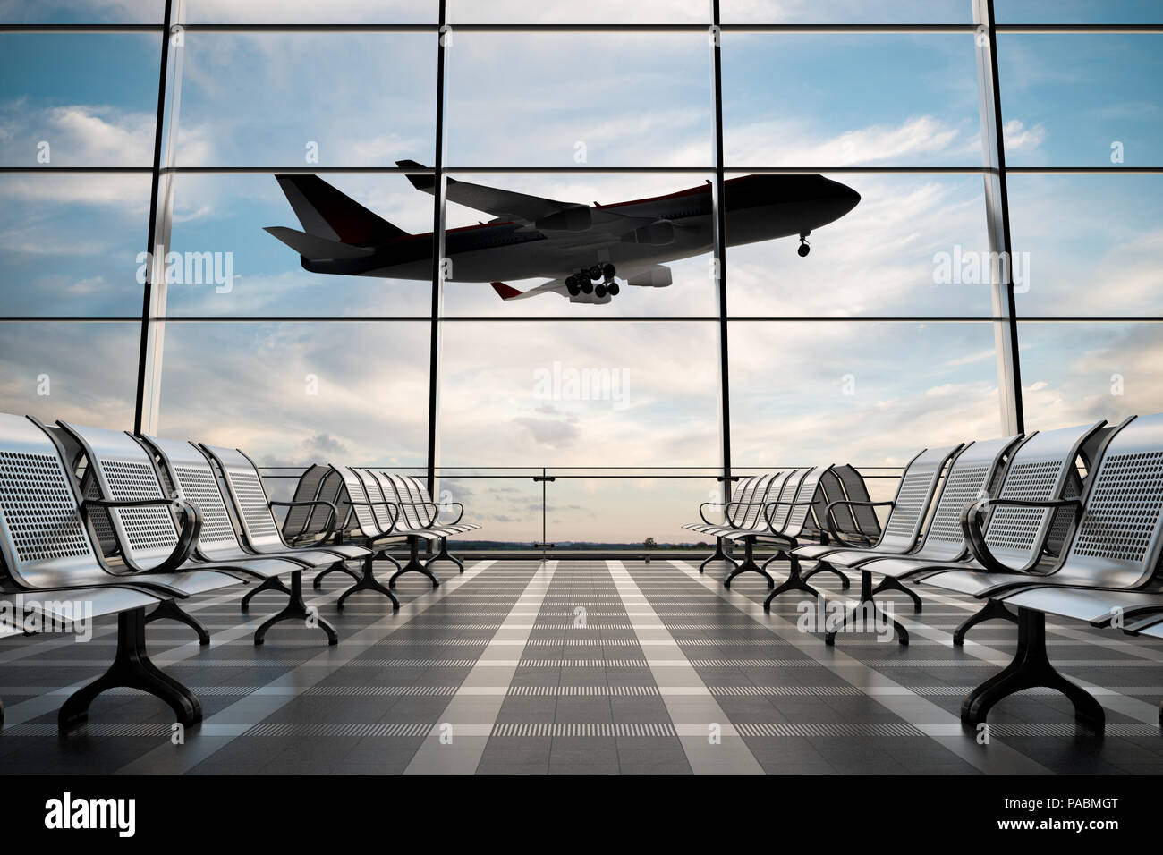 Empty airport departure lounge with airplane on background. 3d ...