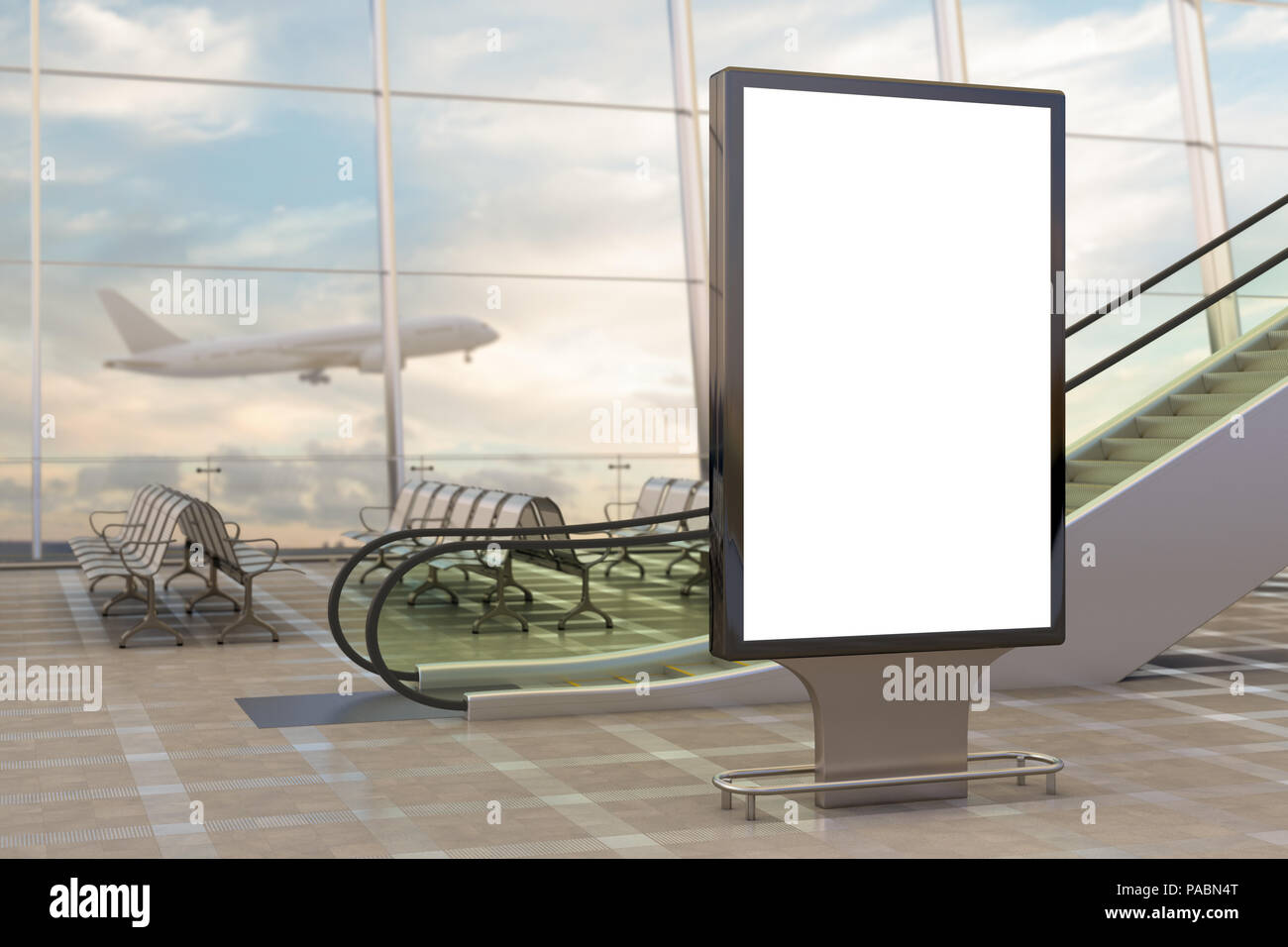 Airport departure lounge. Blank billboard stand and airplane on ...
