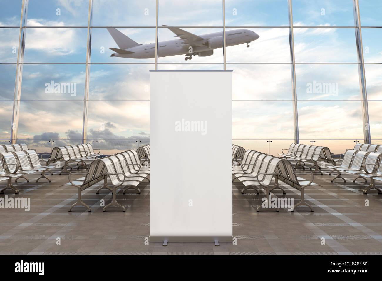 Airport terminal lounge. Blank roll up banner stand and airplane on ...