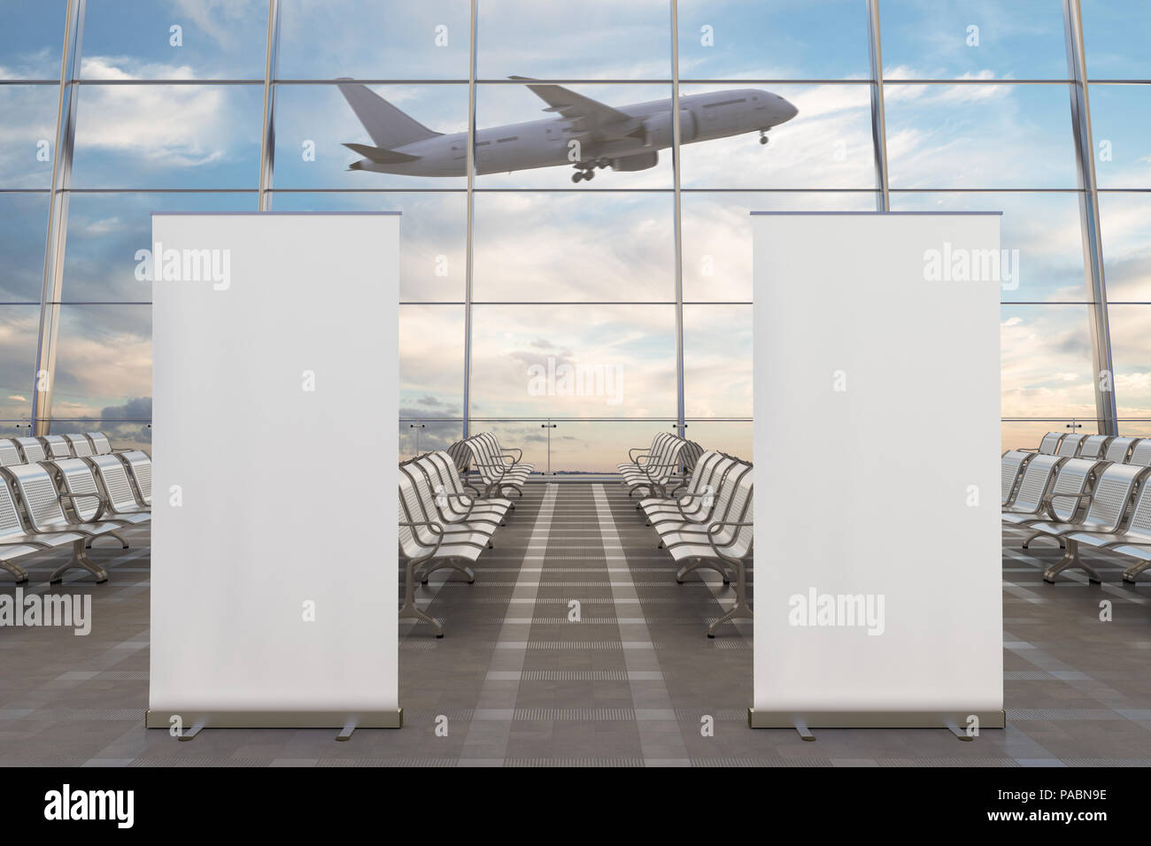 Airport departure lounge. Two blank roll up banner stands and airplane ...