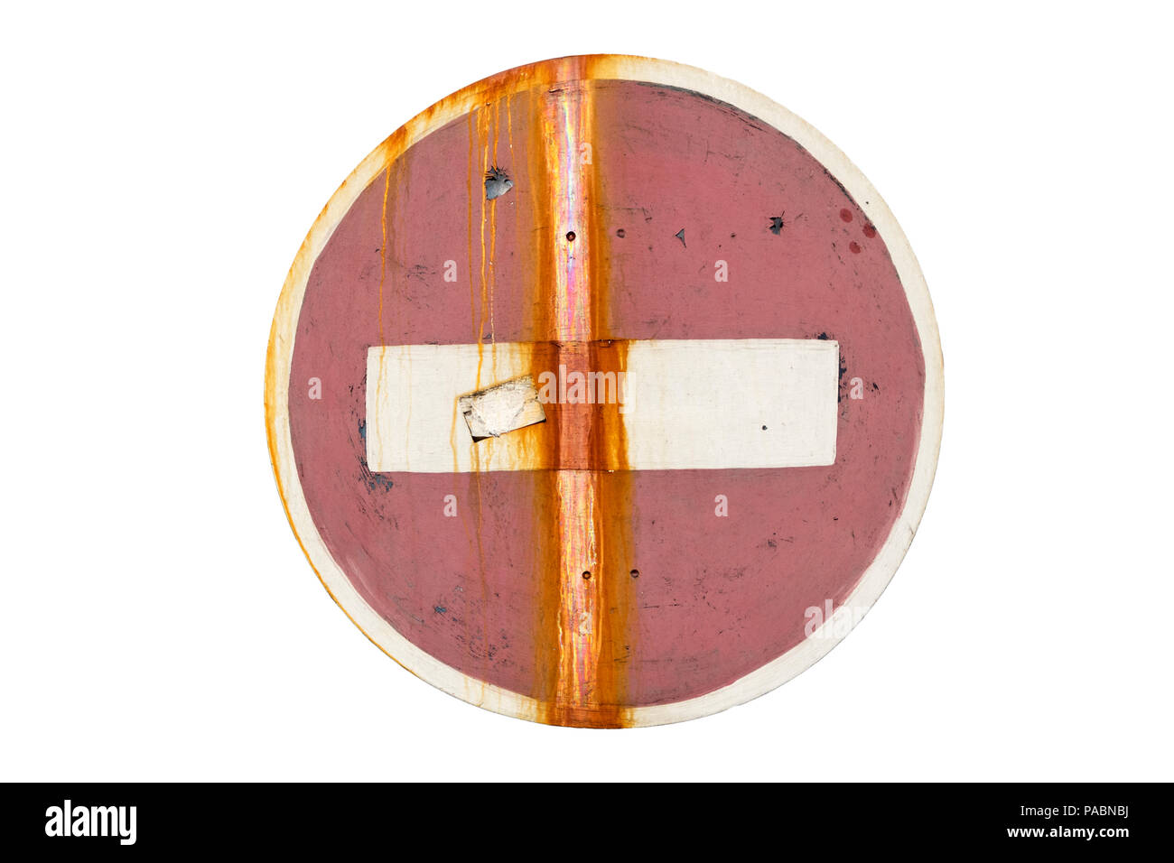 Old faded round red road sign 'No entry' with rusty strip Stock Photo ...