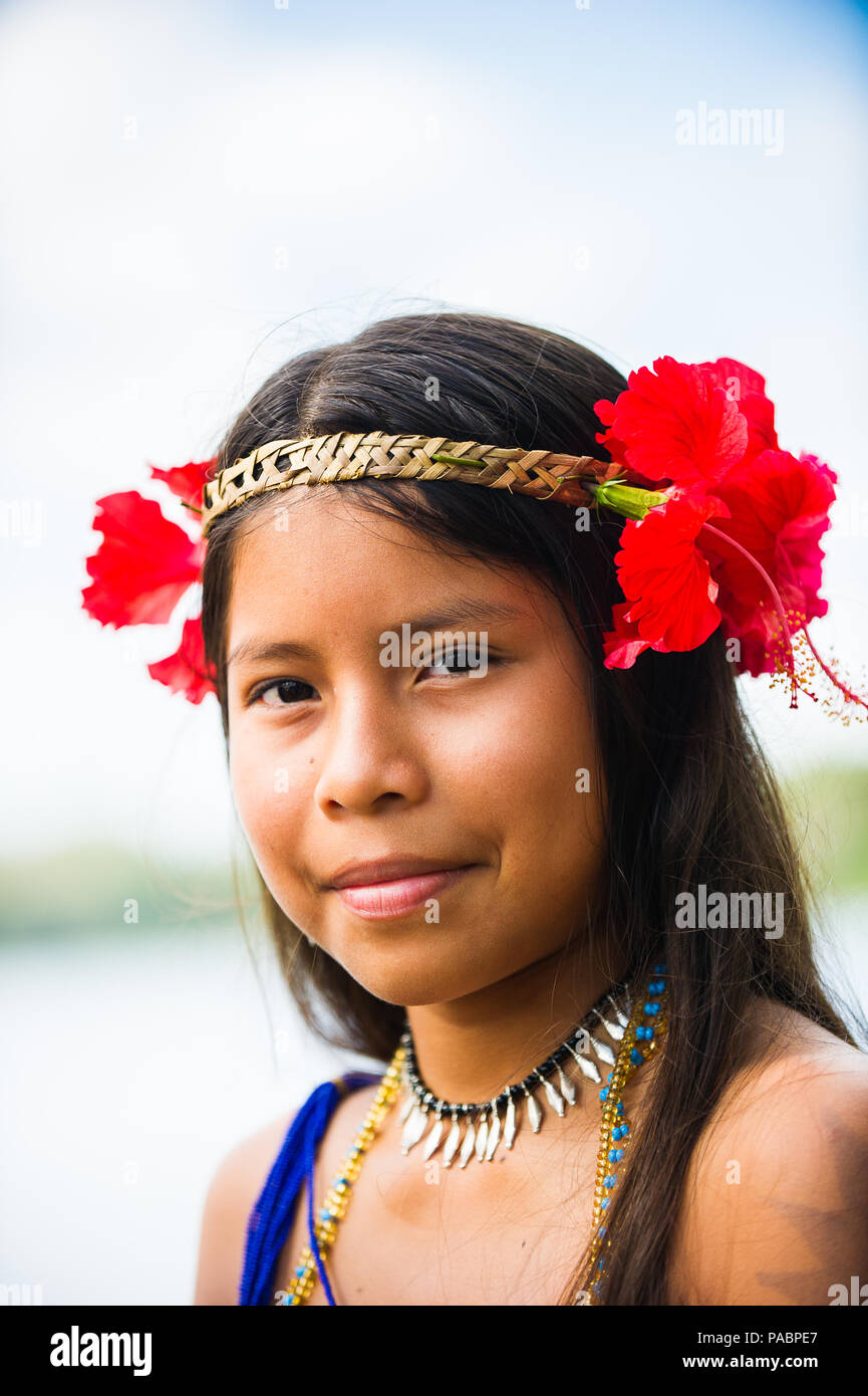 EMBERA VILLAGE, PANAMA, JANUARY 9, 2012: Portrait of an undientified ...