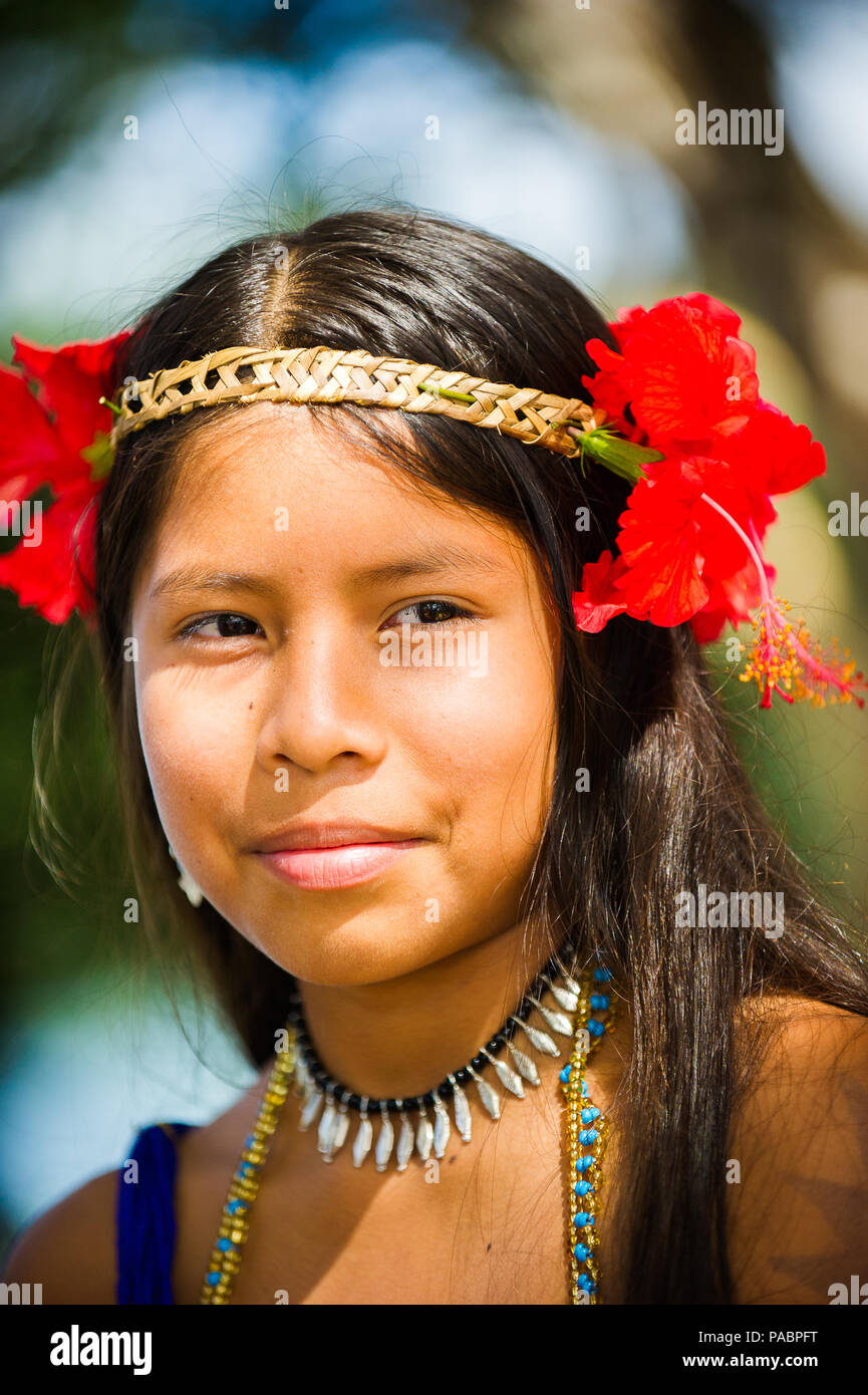 EMBERA VILLAGE, PANAMA, JANUARY 9, 2012: Portrait of an unidentified ...