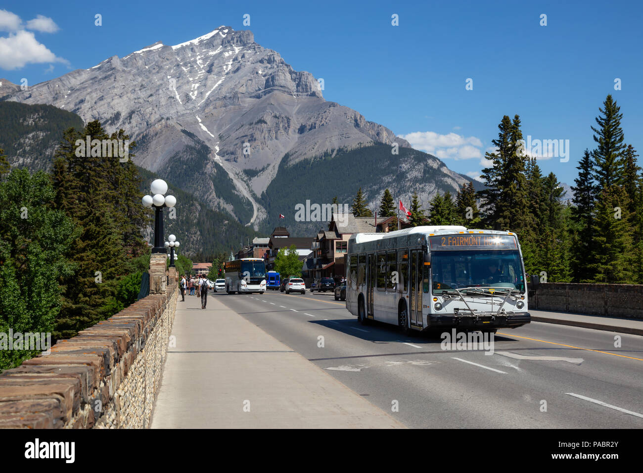 Banff, Alberta, Canada - June 20, 2018: View of the bridge in the city ...