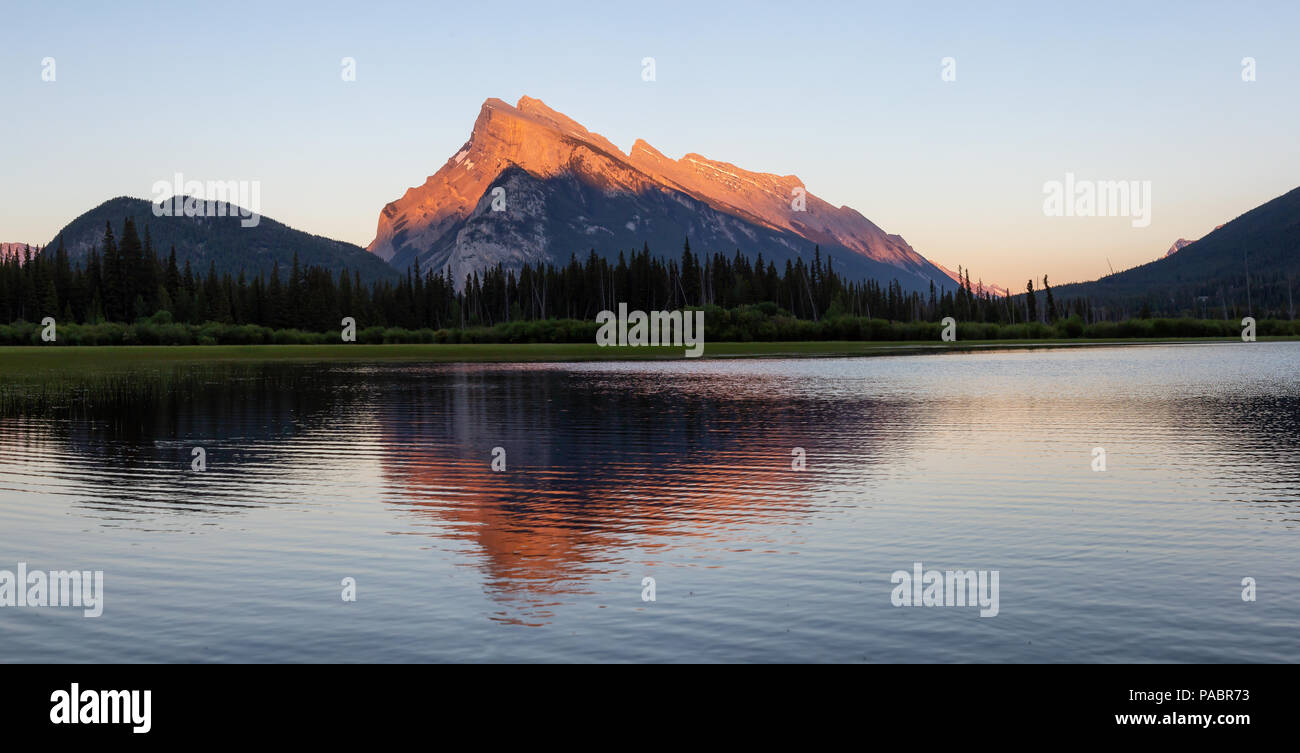 Mount Rundle during a sunny summer sunset. Taken in Vermilion Lakes ...