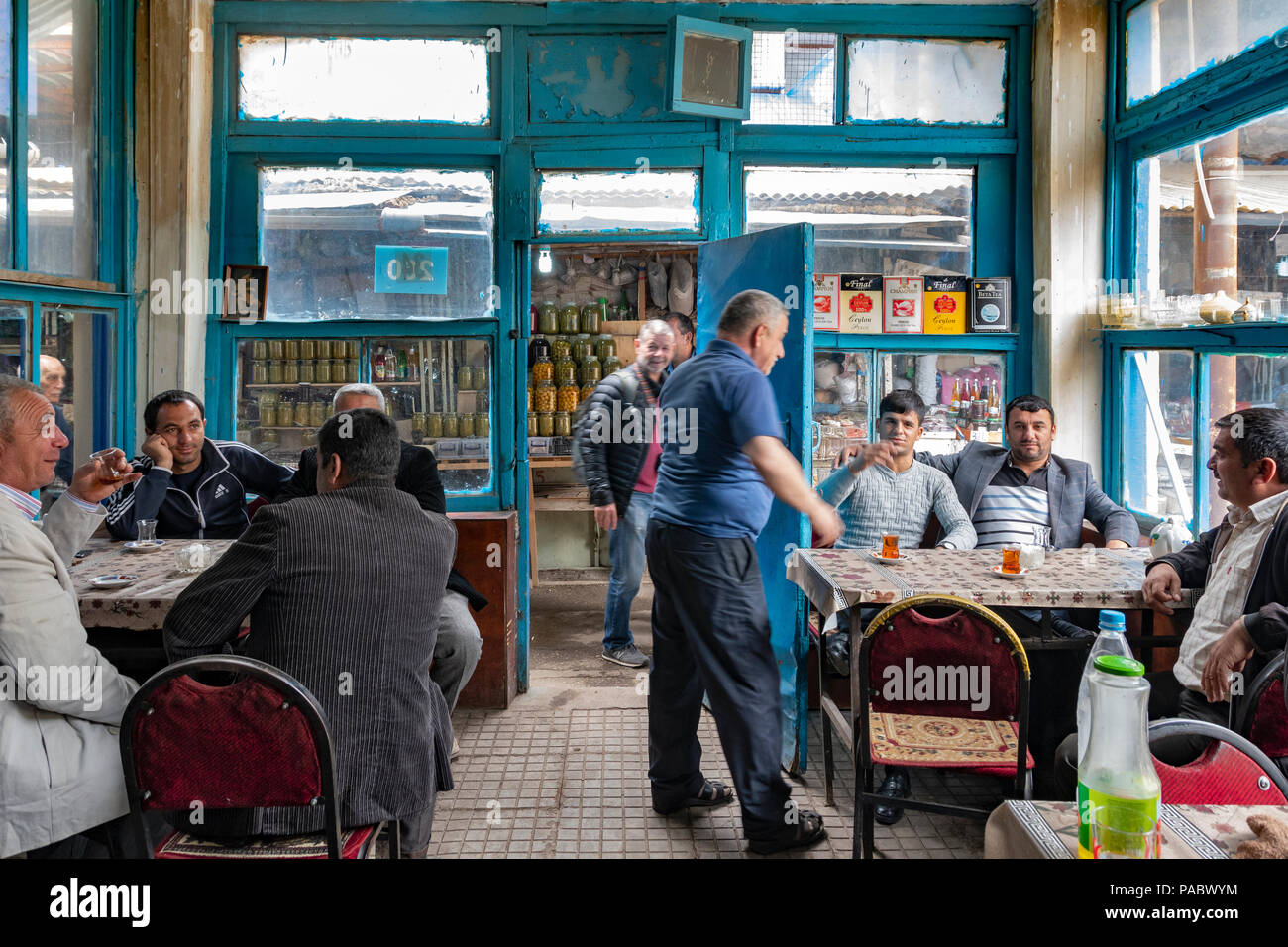 Small restaurant inside the Teze Bazaar, Baku, Azerbaijan Stock Photo ...
