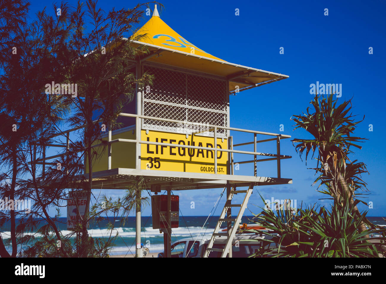 GOLD COAST, AUSTRALIA - January 6th, 2015: yellow lifeguard hut in ...