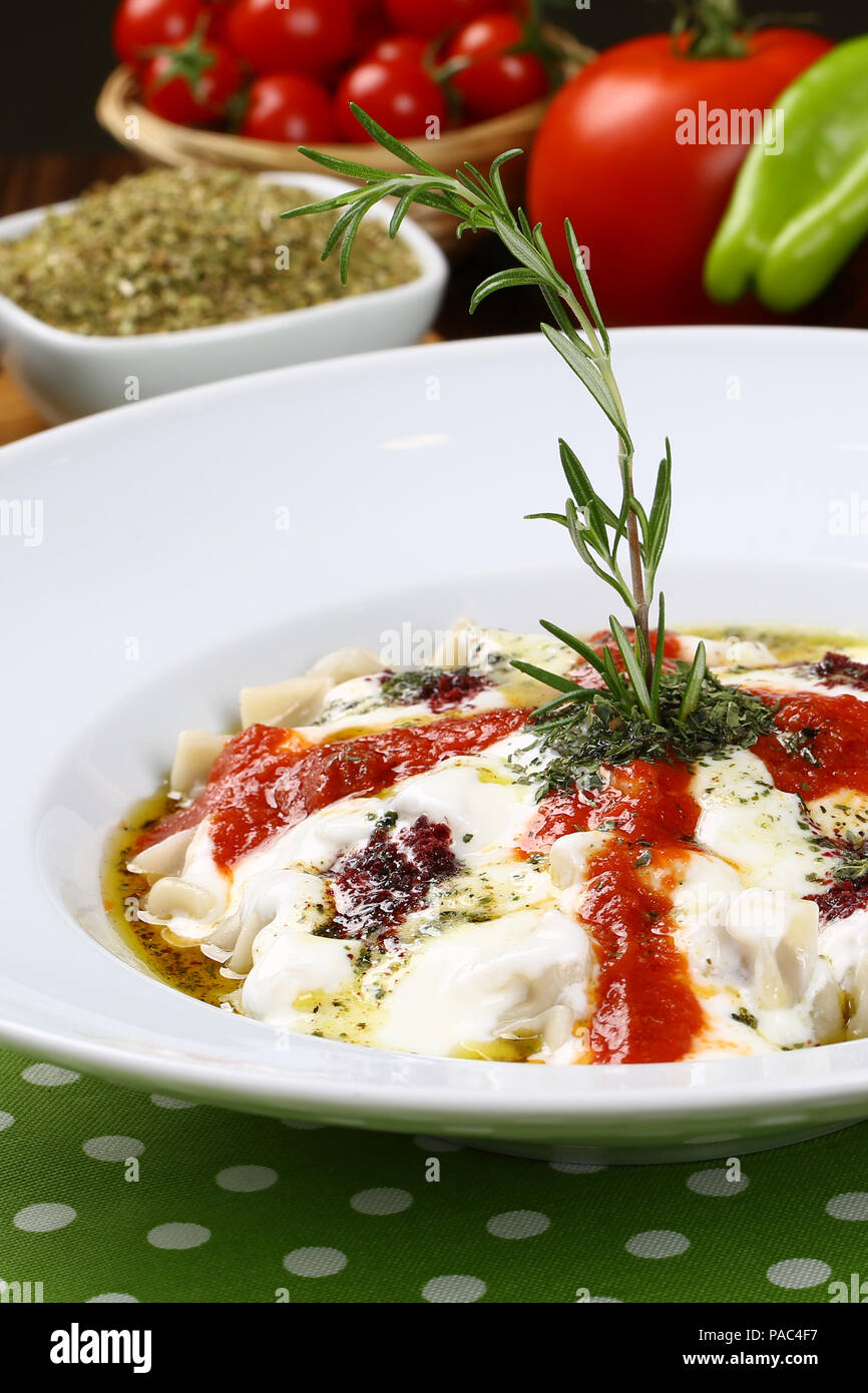 Traditional Turkish Food Manti Ravioli with Yoghurt Stock Photo - Alamy