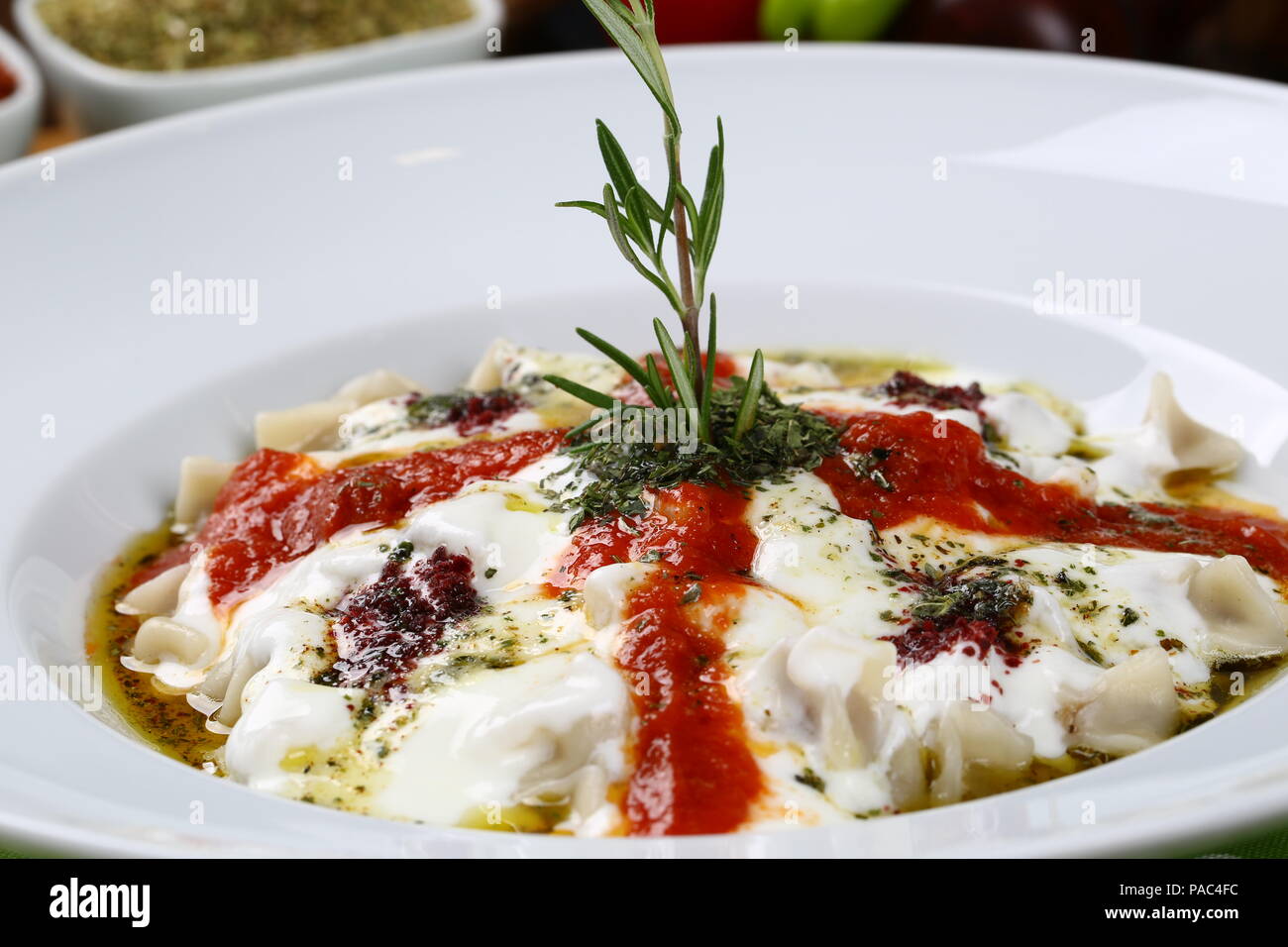 Traditional Turkish Food Manti Ravioli with Yoghurt Stock Photo - Alamy