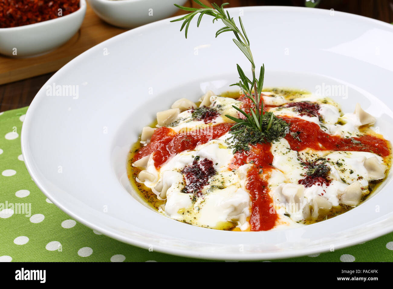 Traditional Turkish Food Manti Ravioli with Yoghurt Stock Photo - Alamy