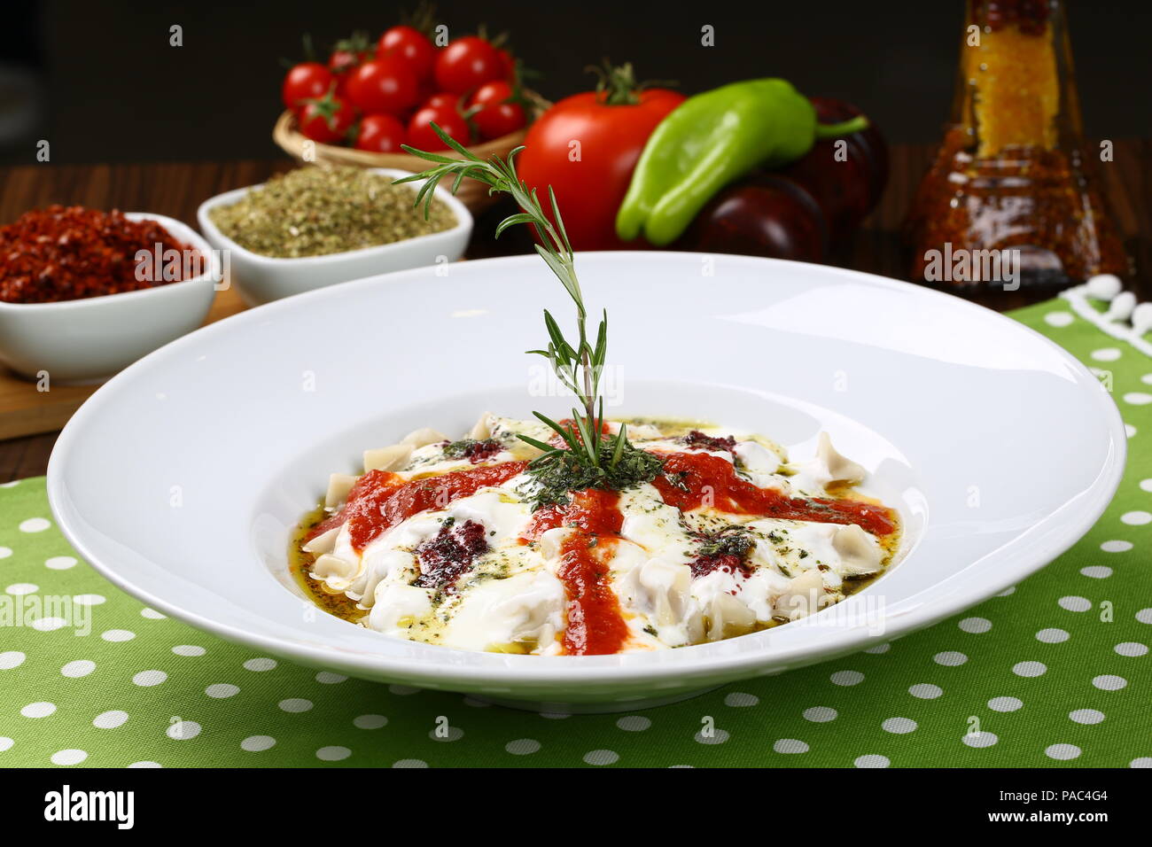 Traditional Turkish Food Manti Ravioli with Yoghurt Stock Photo - Alamy