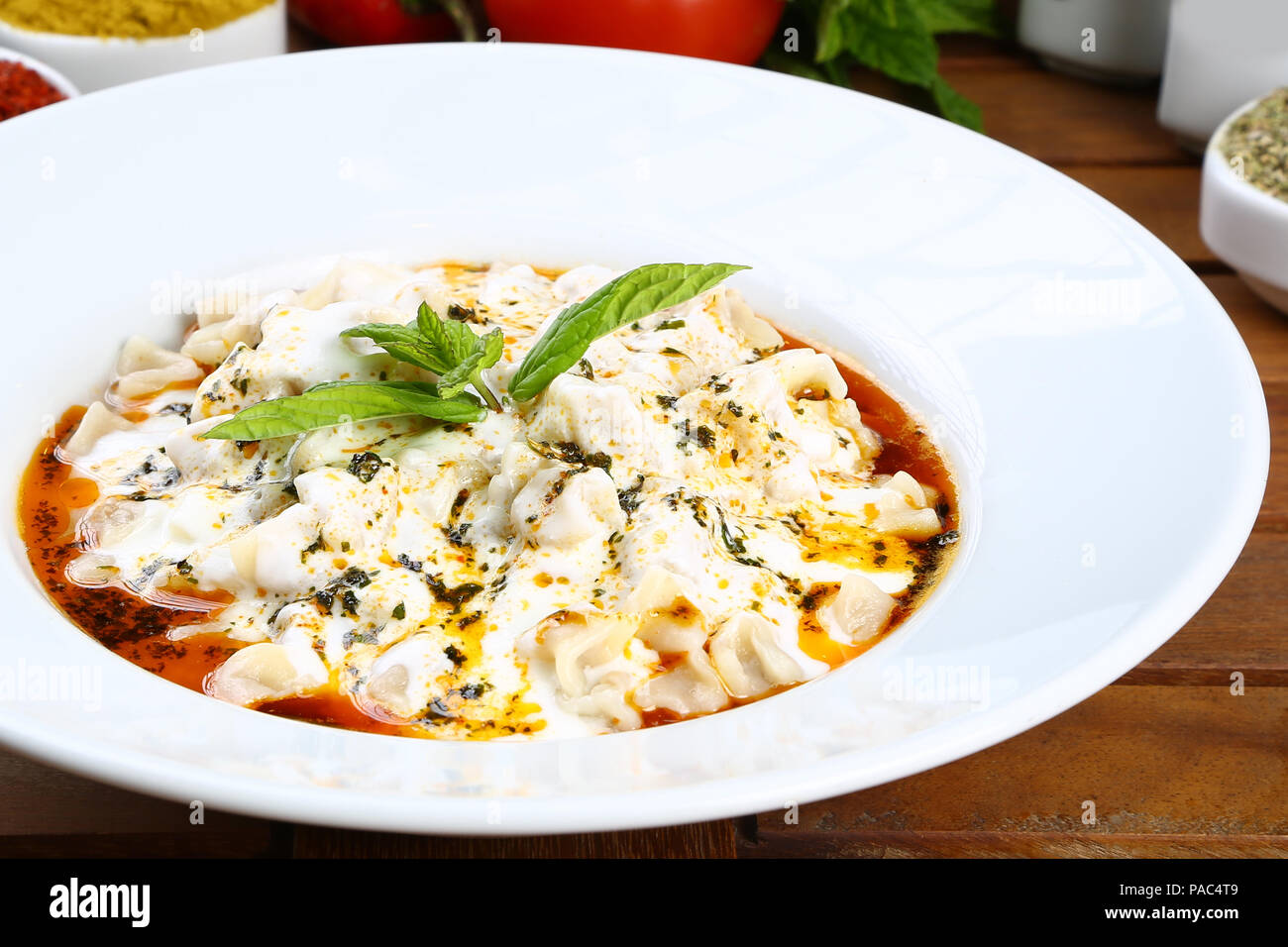 Traditional Turkish Food Manti Ravioli with Yoghurt Stock Photo - Alamy
