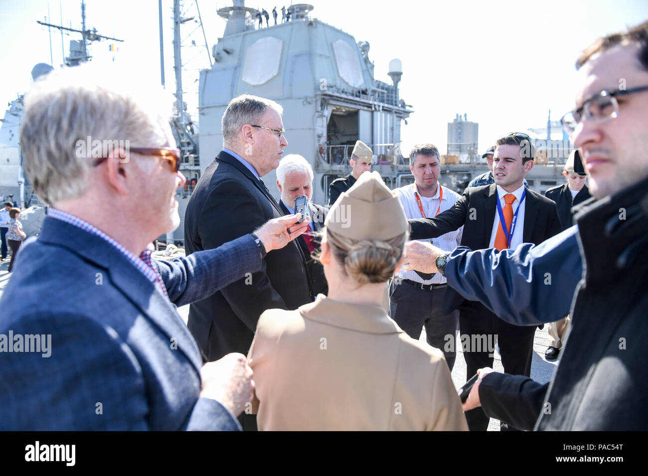 Deputy Secretary of Defense Bob Work conducts a press gaggle aboard the ...