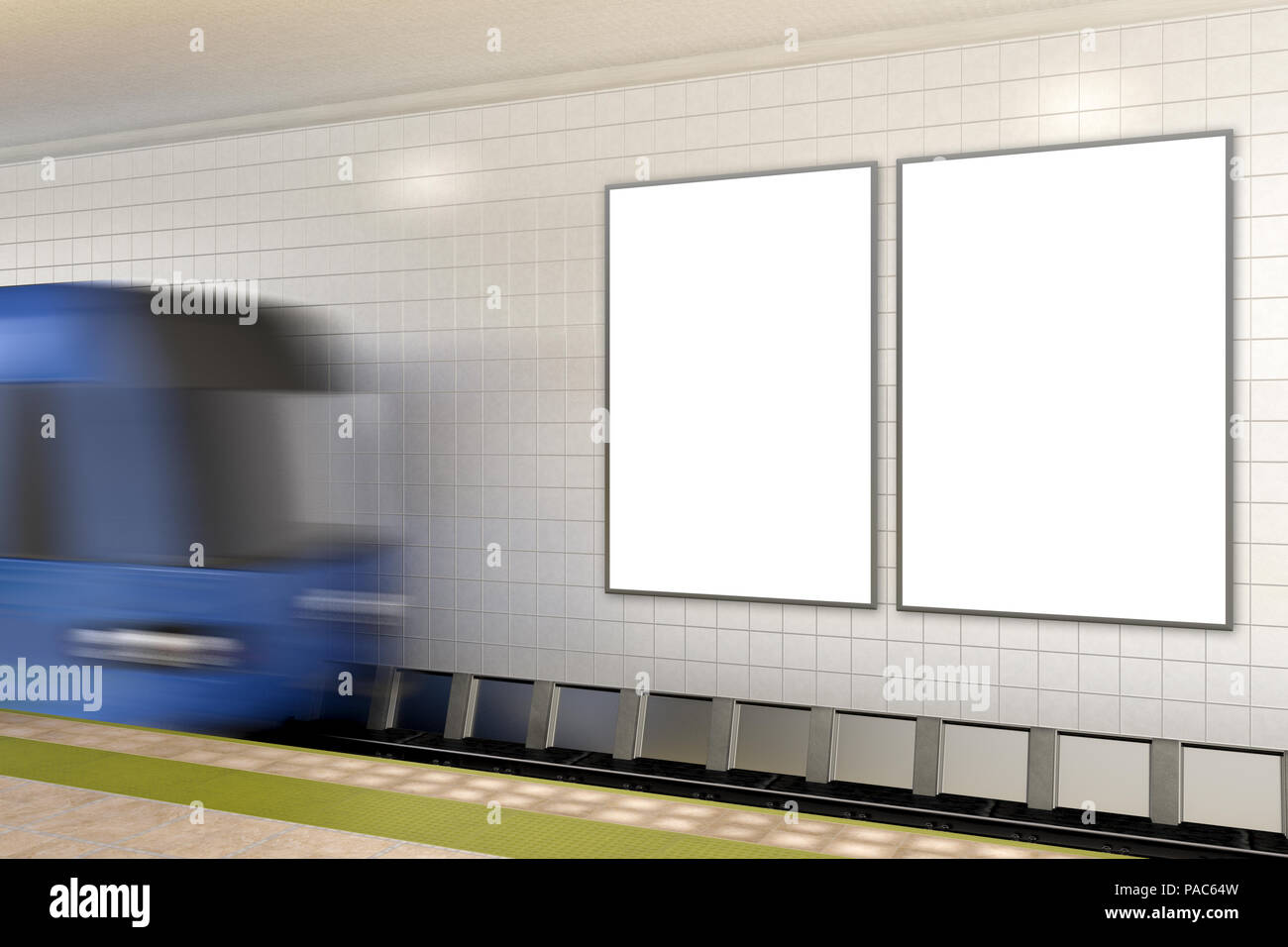 Two blank vertical advertising posters on subway station with train. 3d ...