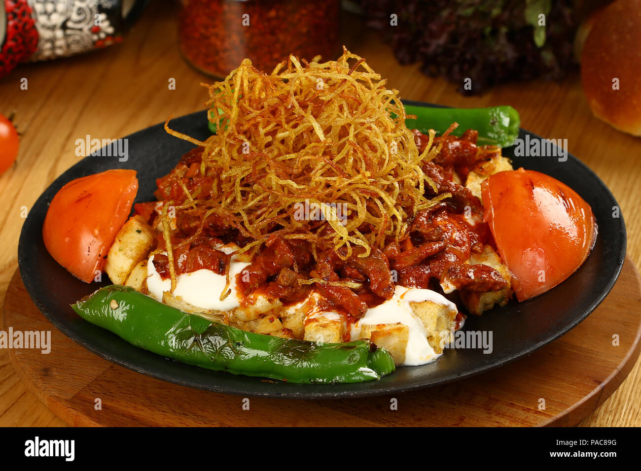 Turkish Meat Kebab with Yogurt and French Fries - Cokertme Kebabi Stock ...