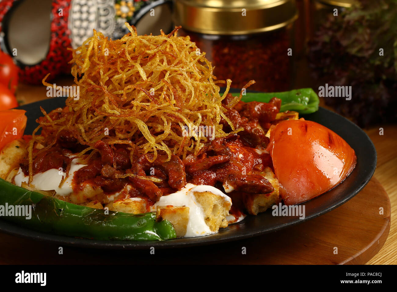 Turkish Meat Kebab with Yogurt and French Fries - Cokertme Kebabi Stock ...