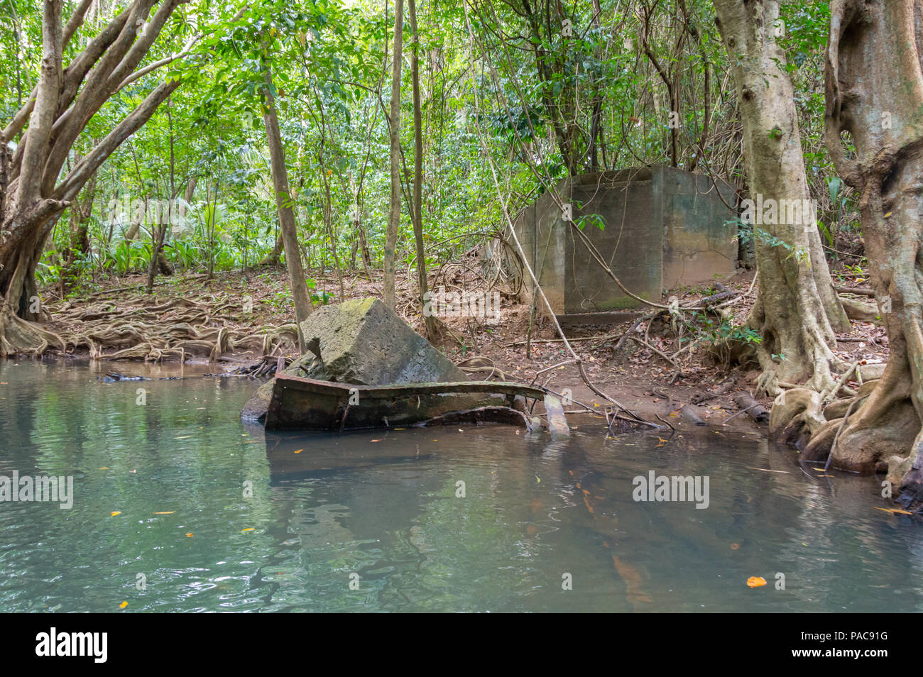 Collapsed bridge over the river seen during the touristic boat ride on ...