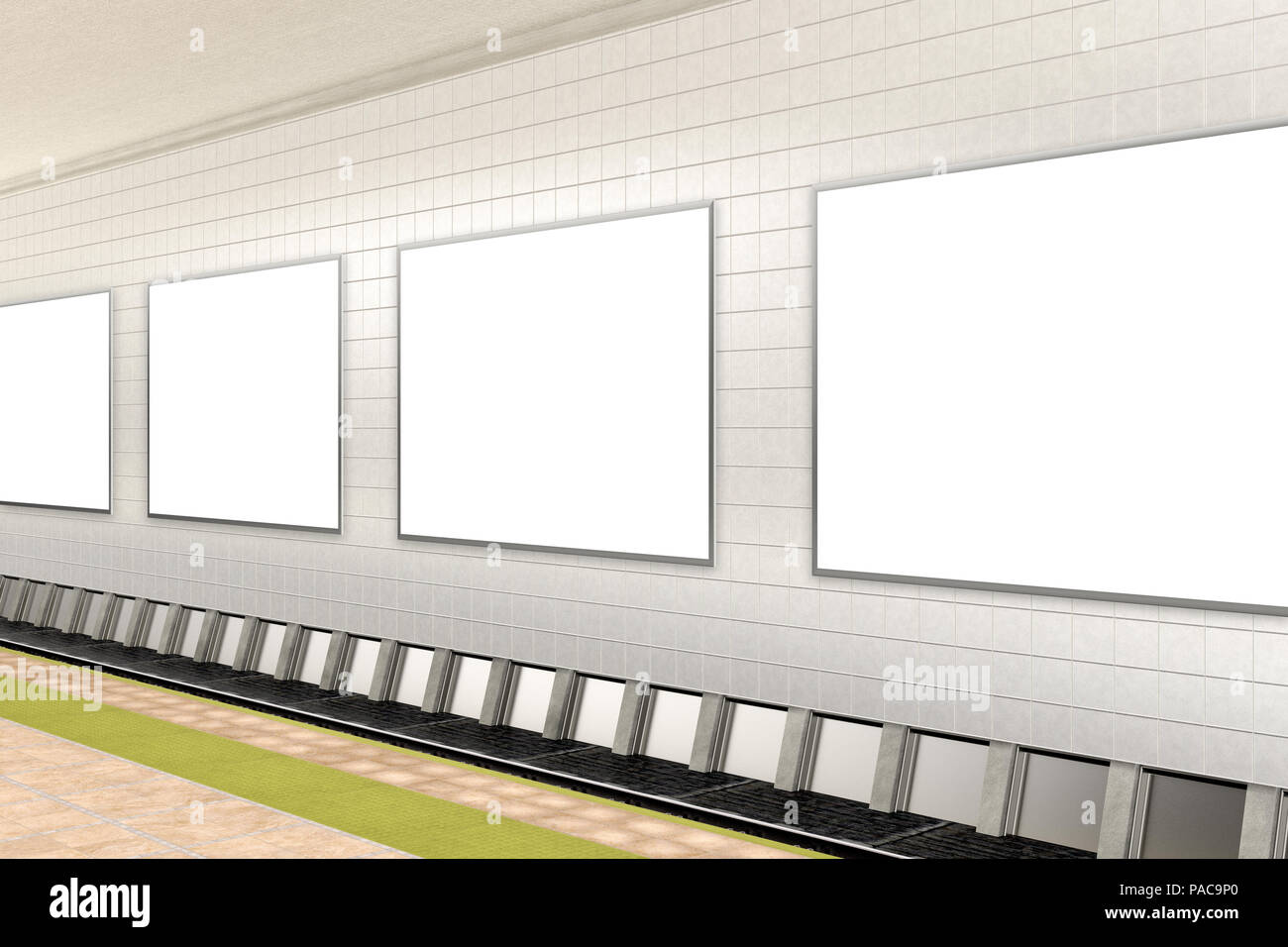 Blank horizontal advertising posters in line on subway station. 3d ...