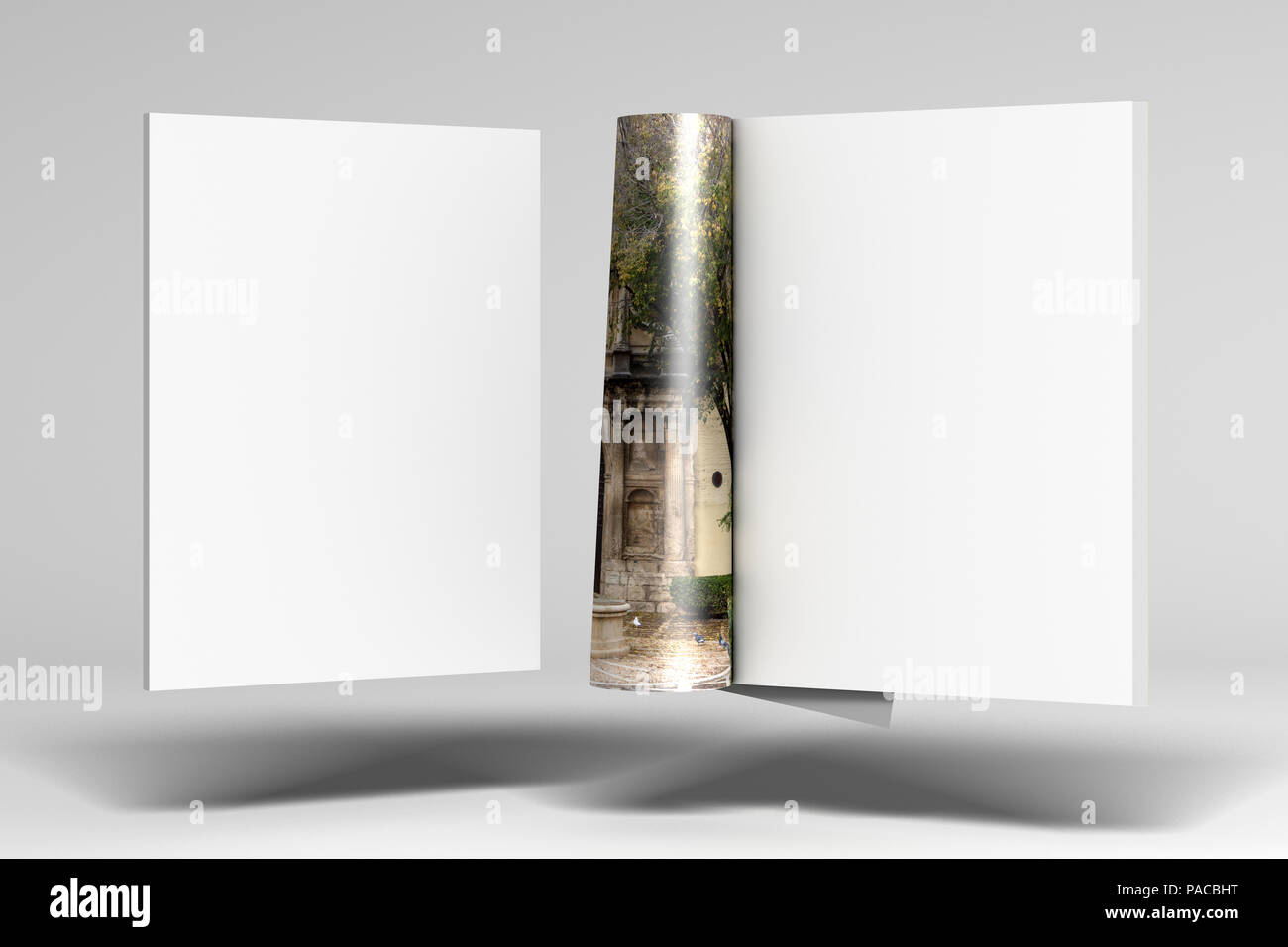 Blank magazine, pages with glossy paper and blank cover flying over ...