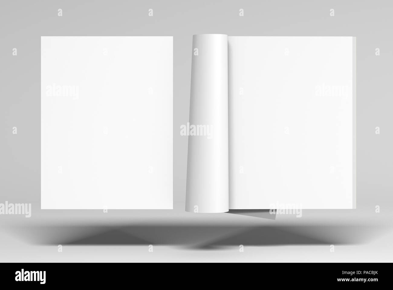 Blank magazine, pages with glossy paper and blank cover flying over ...