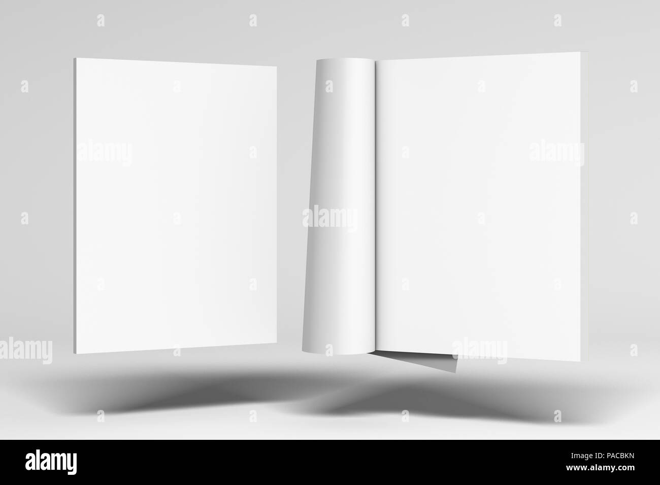 Blank magazine, pages with glossy paper and blank cover flying over ...