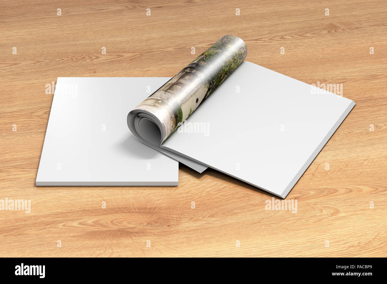 Blank magazine pages with glossy paper and blank cover on wooden ...