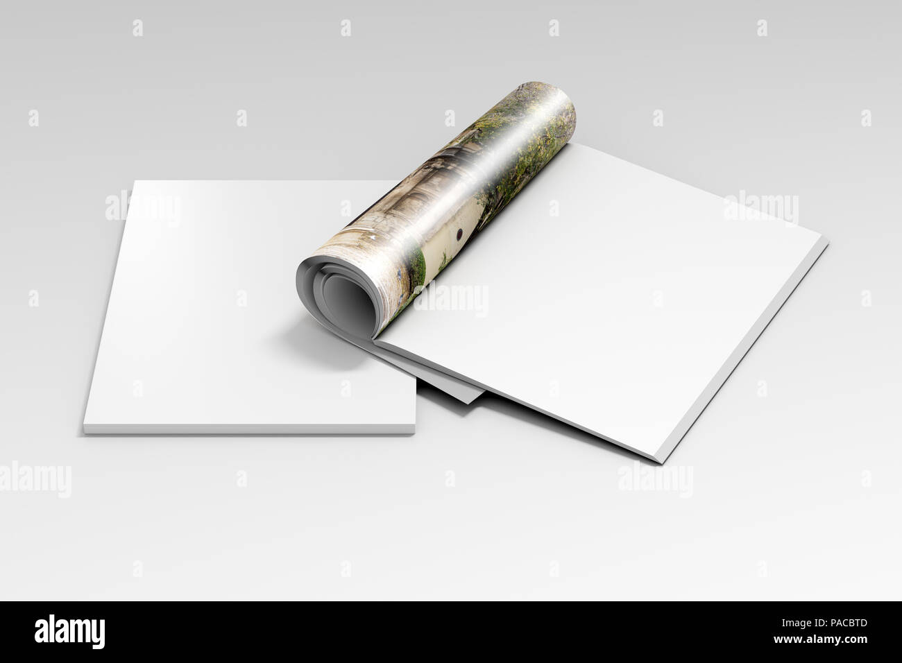 Blank magazine pages with glossy paper and blank cover on white ...
