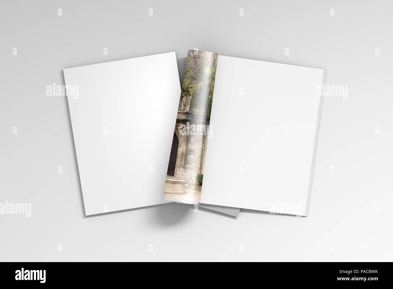 Blank magazine pages with glossy paper and blank cover on white ...