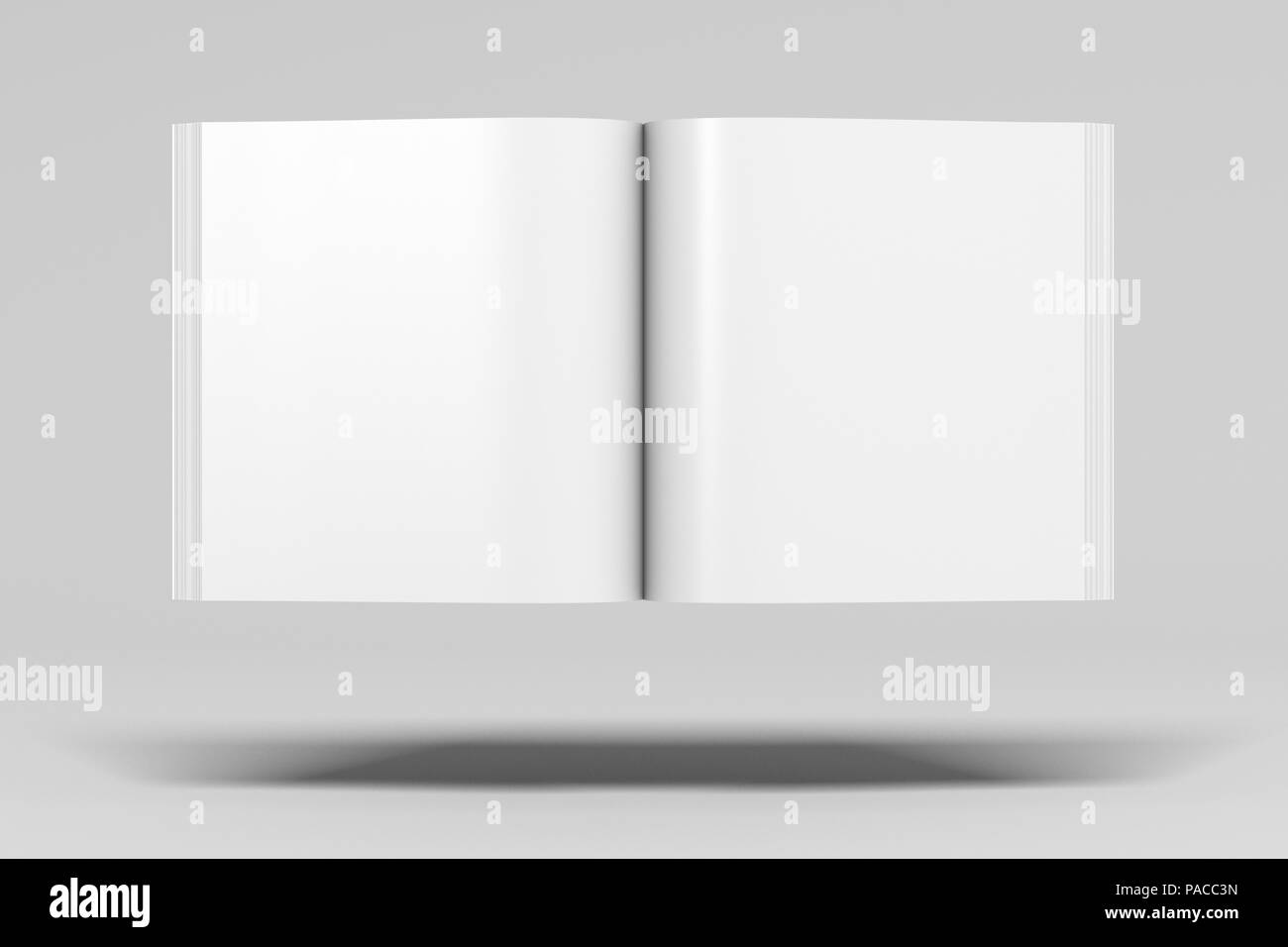 Blank pages of open square book with glossy paper. Flying over white ...