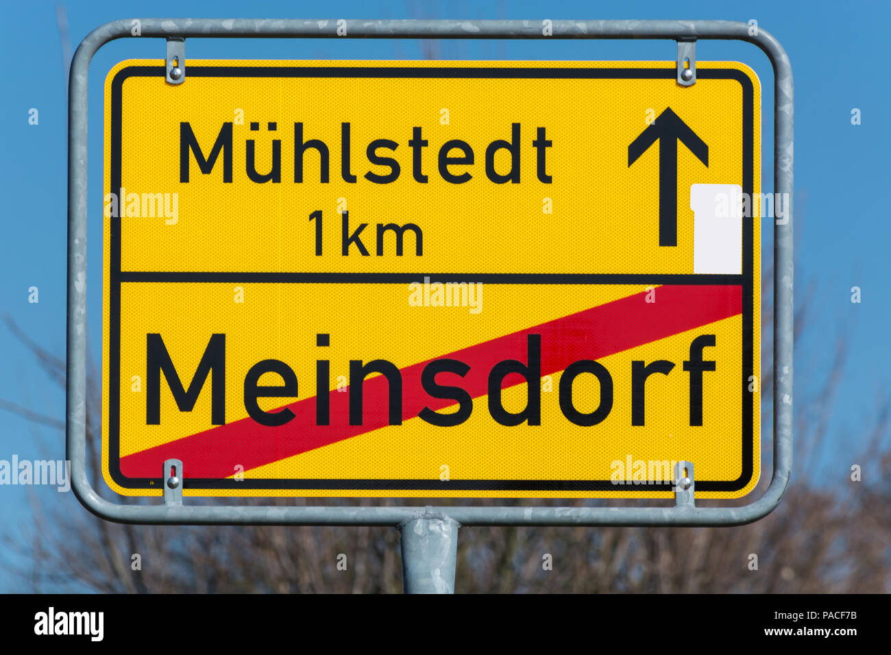 Town Entrance sign of the village Meinsdorf, town Dessau Rosslau in ...