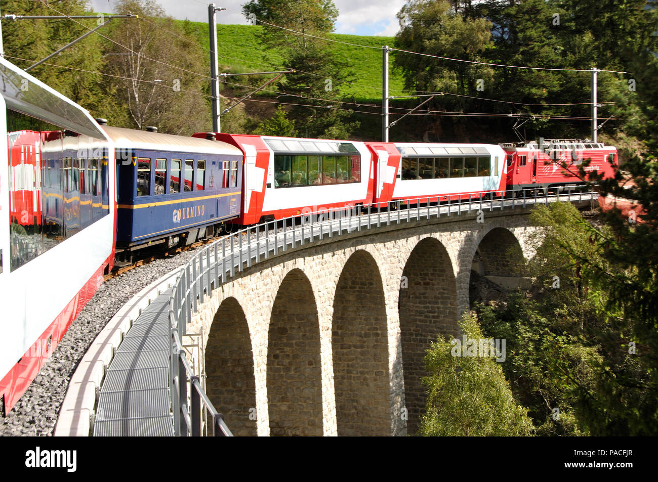 Crossing the swiss alps in the Glacier Express train, which travels ...