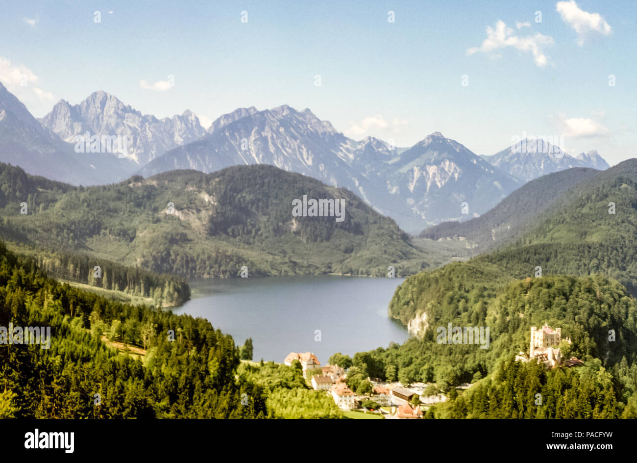 View of Hohenschwangau castle and Alpsee with forested hills and ...