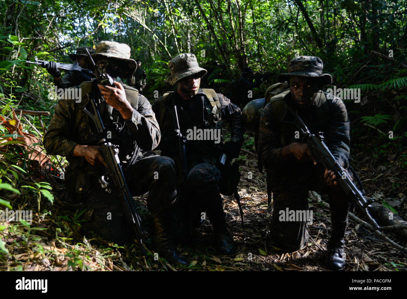 Guatemalan marines communicate with a second team during a training ...
