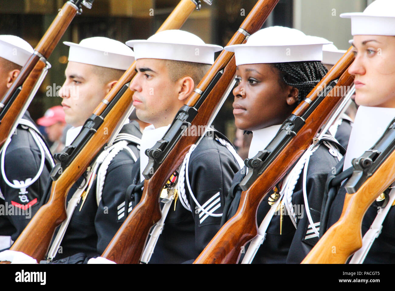 Sailors from the U.S. Navy Ceremonial Guard march up Fifth Avenue ...