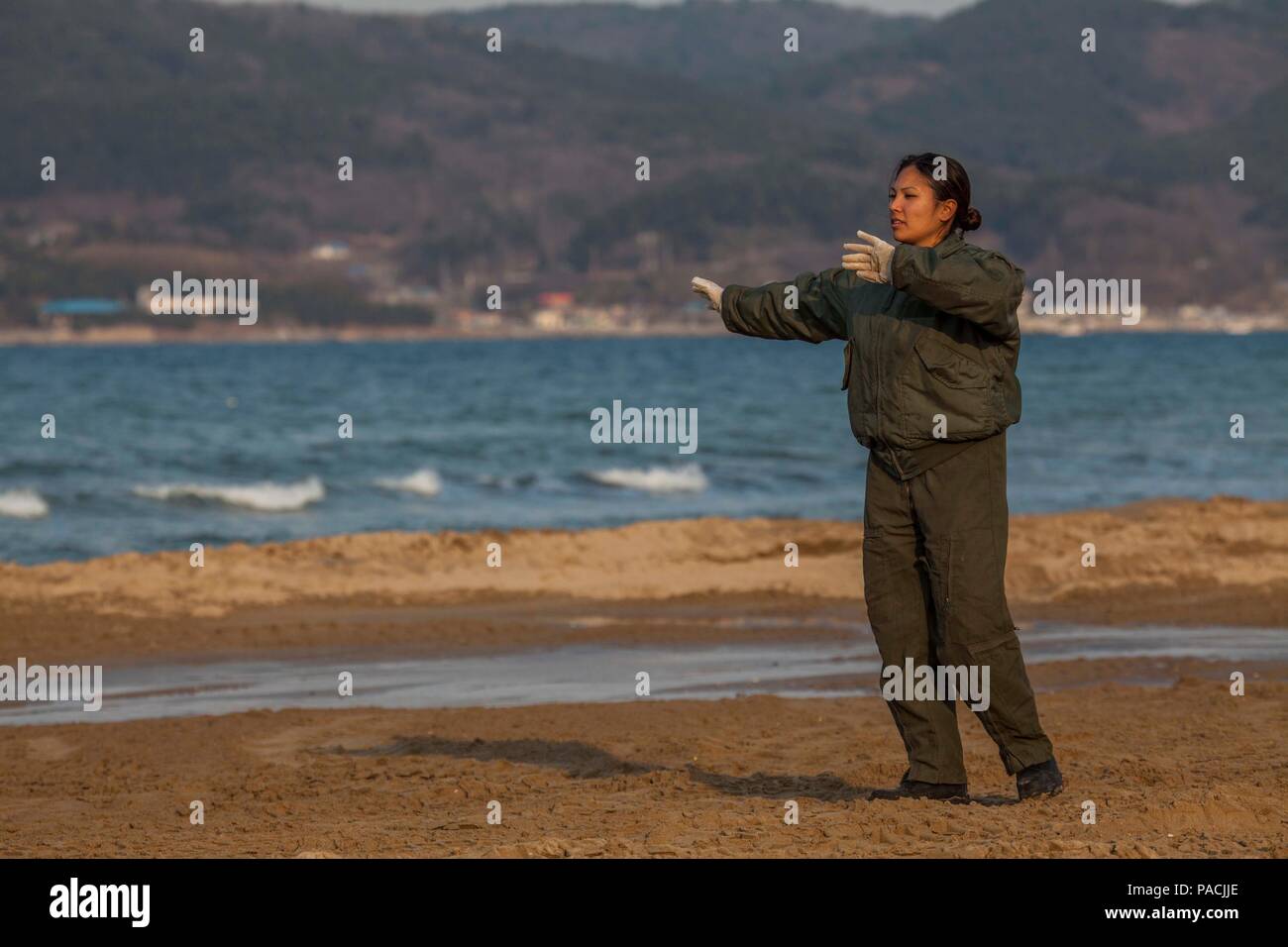 U.S. Navy sailor BM3 Kiana Martin Del Campo, Naval Beach Unit 7, guides ...