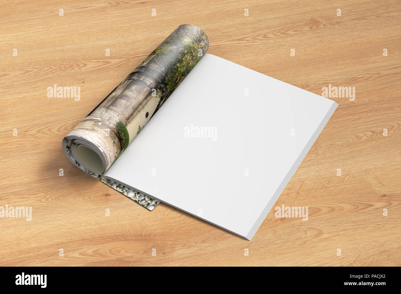 Blank magazine pages with glossy paper isolated on wooden background ...