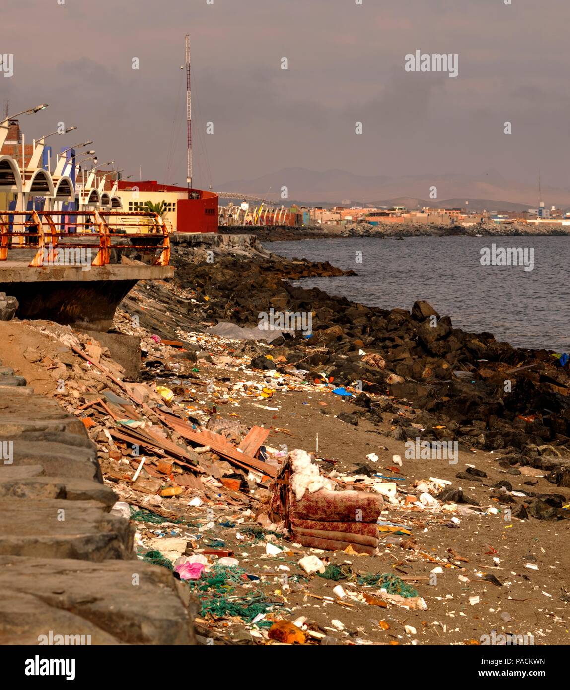 Chimbote, Peru - April 18, 2018: Rubbish washed up on beach at port of ...