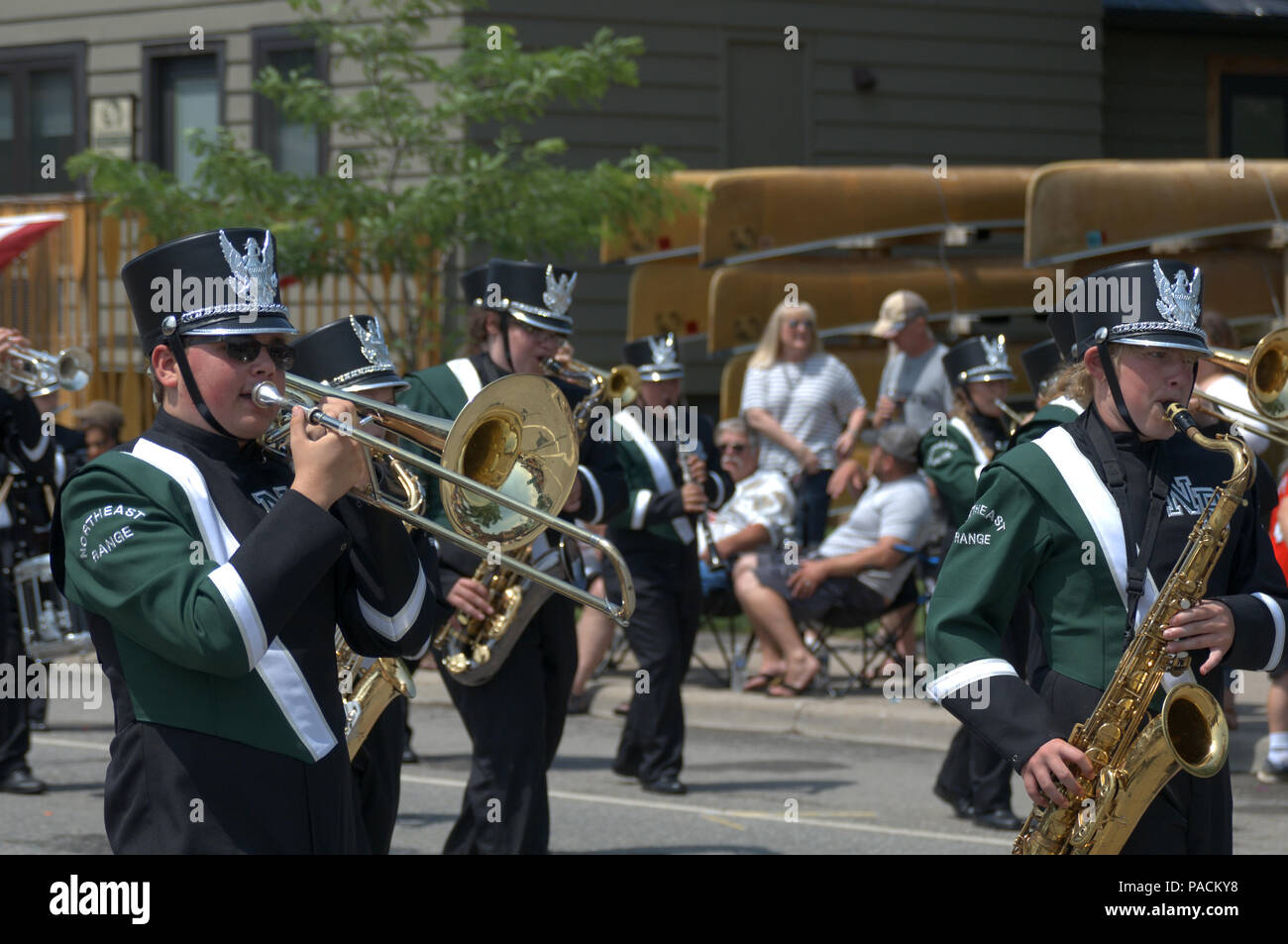 A high school marching band participates in a July 4th parade in Ely ...