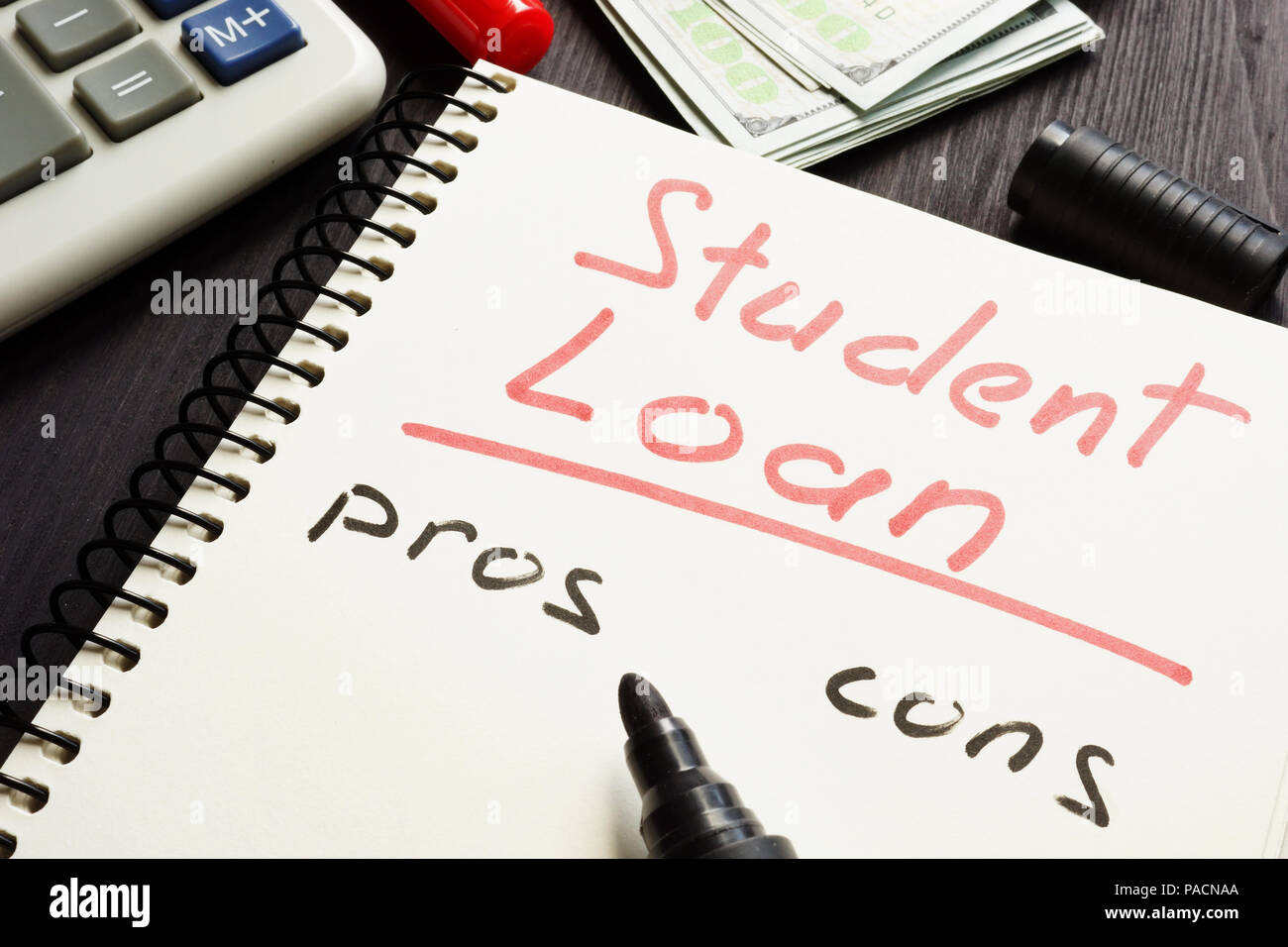 Student loan pros and cons written on a page Stock Photo - Alamy