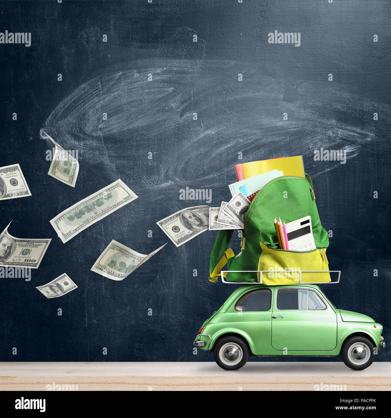 Back to school expenses background. Money flying away from car ...