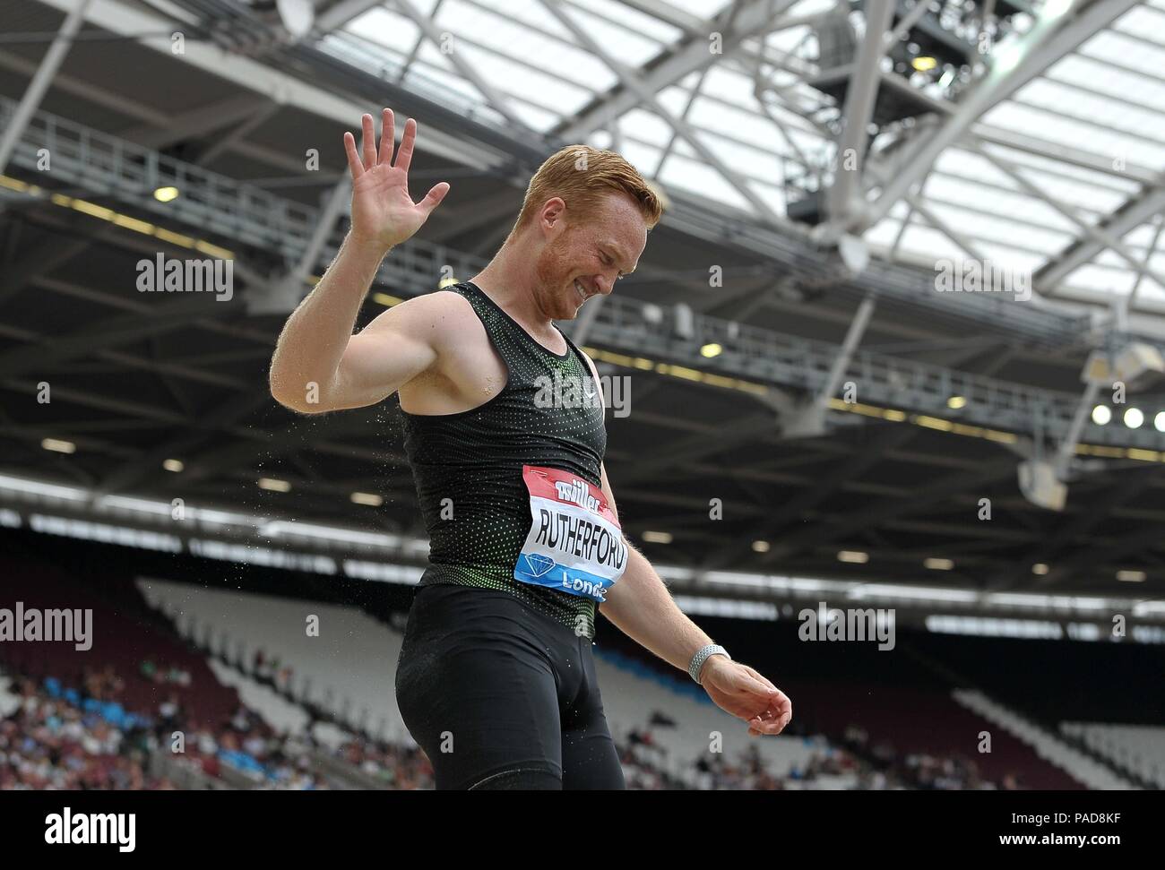 London, UK. 22 July 2018. Greg Rutherford smiles after his final jump ...