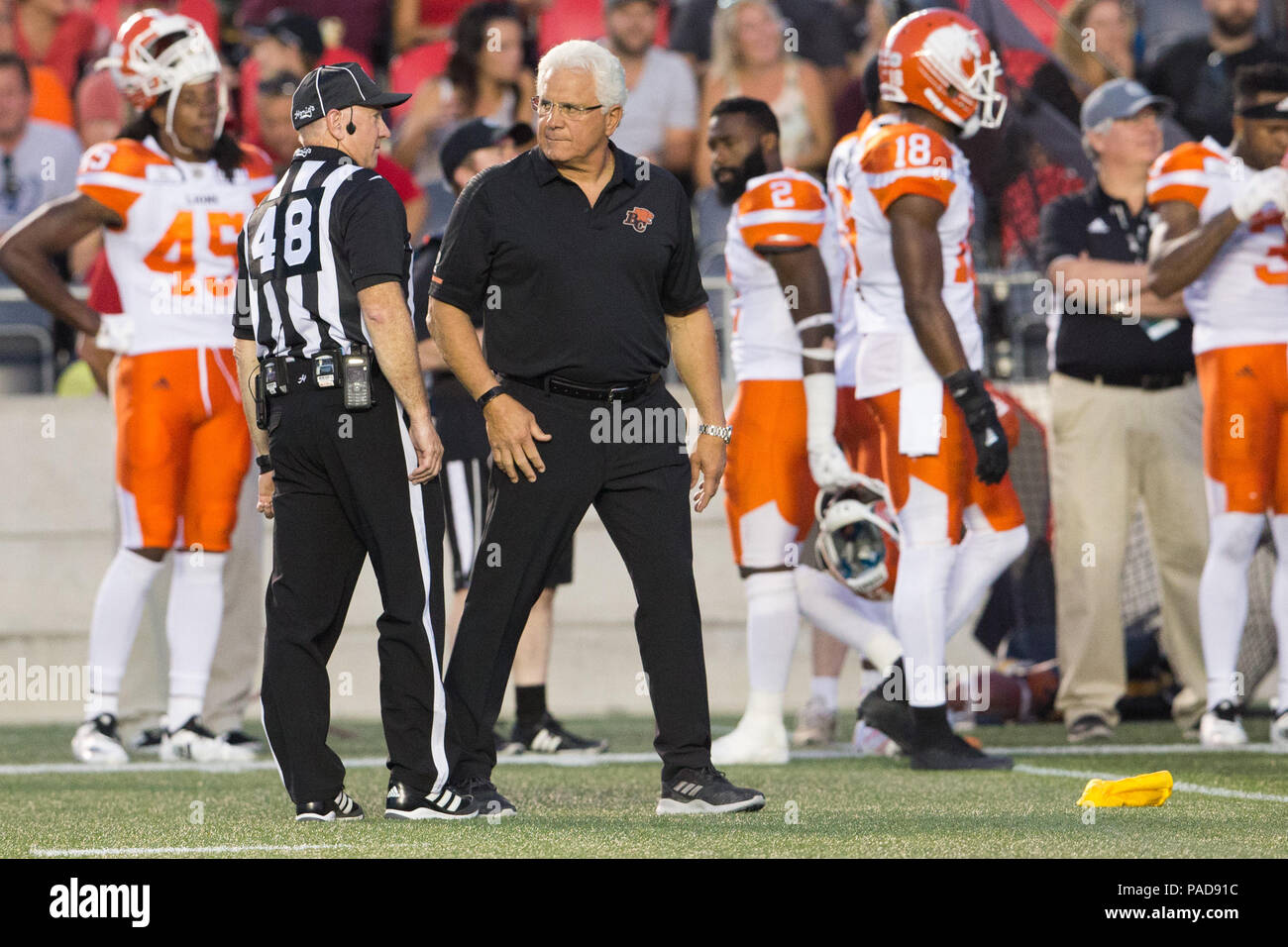 Ottawa, Canada. 20th July, 2018. BC Lions Head Coach Wally Buono throws ...