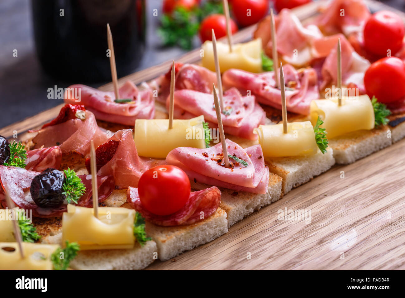Many pintxo or, tapas, spanish canapes party finger food Stock Photo ...