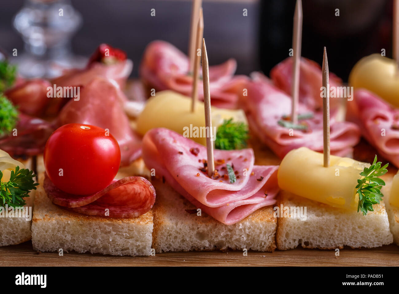 Pintxos, tapas, spanish canapes party finger food background Stock ...
