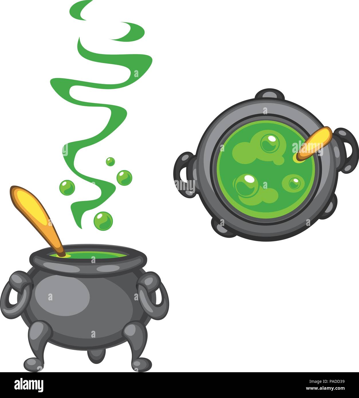Cartoon cauldron with green boiling poison and golden spoon, side top ...