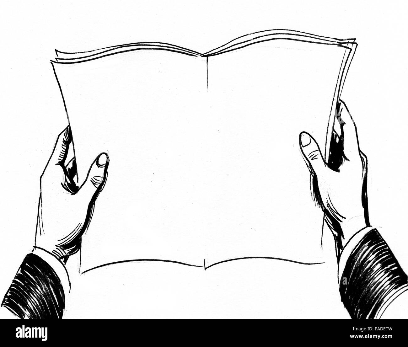Hands holding a newspaper. Ink black and white illustration Stock Photo ...