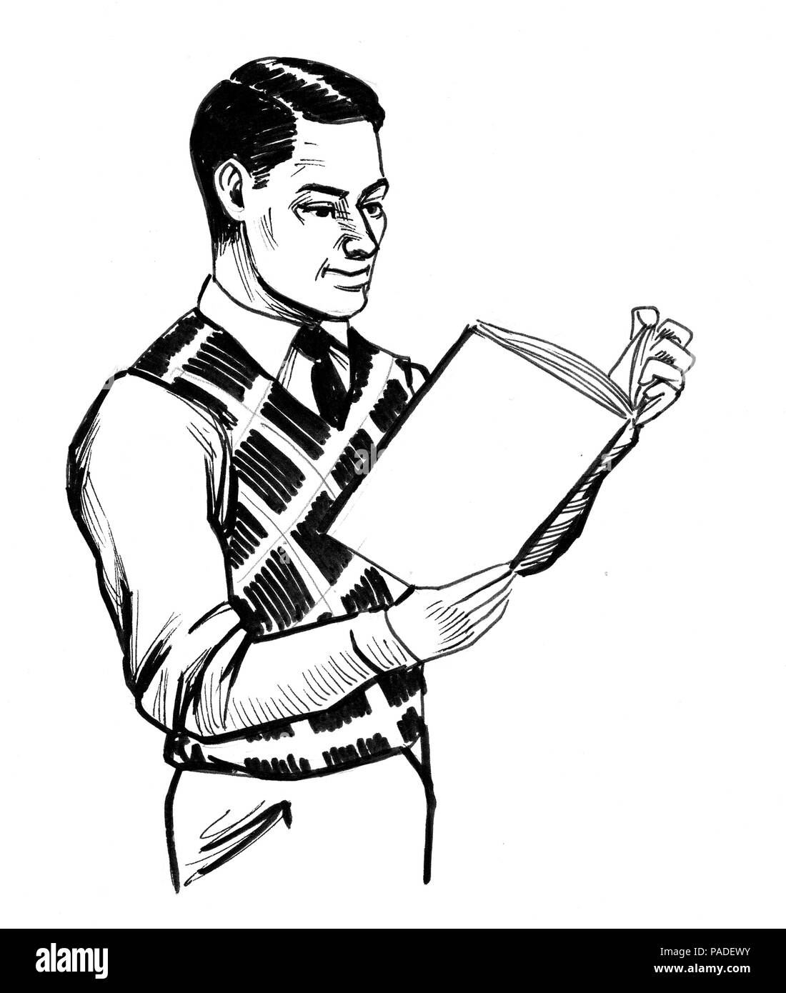 Man reading a book. Ink black and white illustration Stock Photo - Alamy