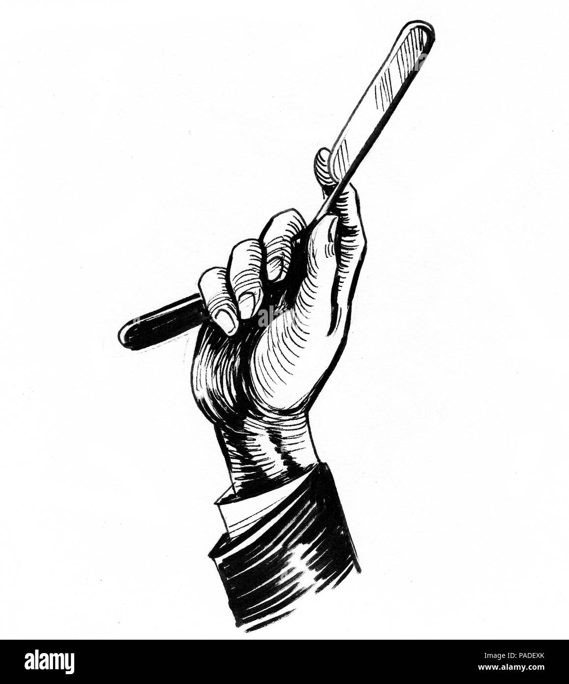 Hand holding a razor. Ink black and white illustration Stock Photo - Alamy